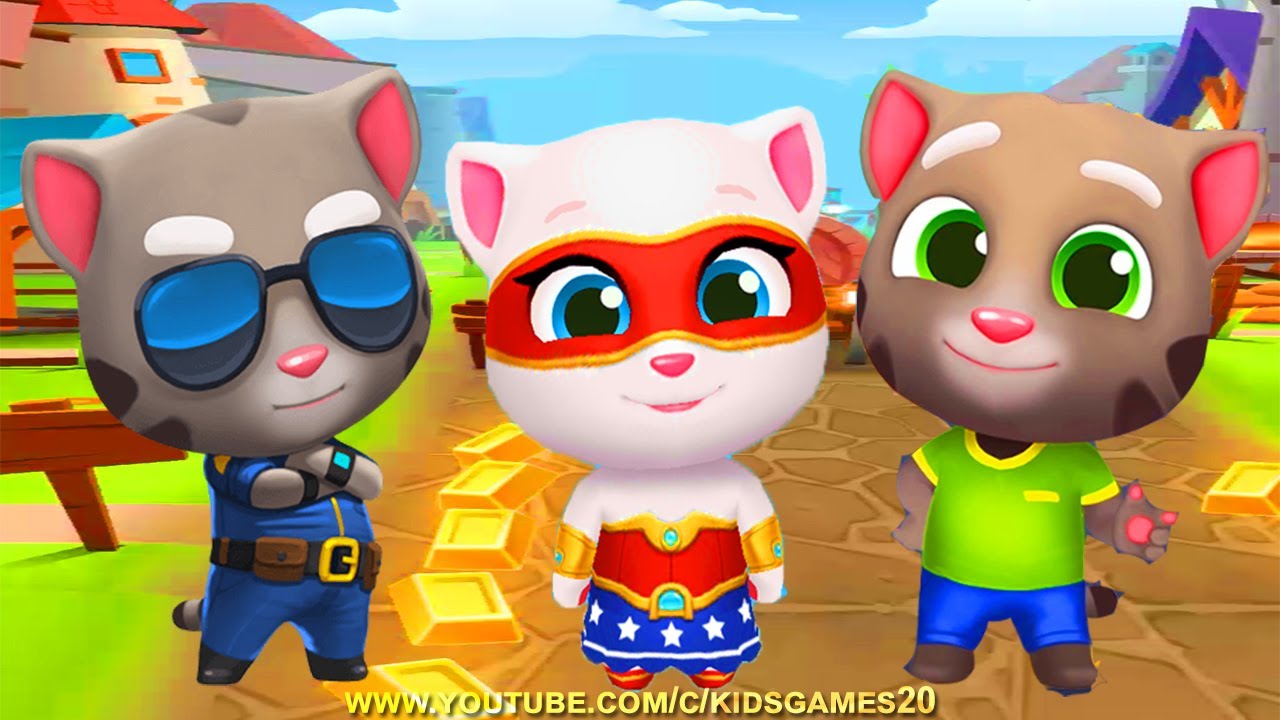 TALKING TOM GOLD RUN Gameplay - Talking Tom vs Angela vs Officer Tom vs ...