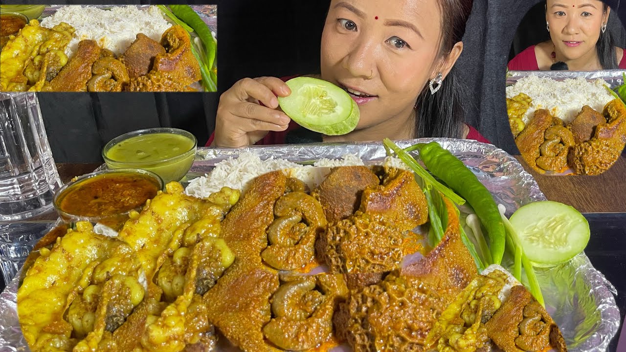 रागाको भुटन र खशिको जाली बोसो दाल, भात,खुर्सानी, सलाद ||Buff Bhutan ...