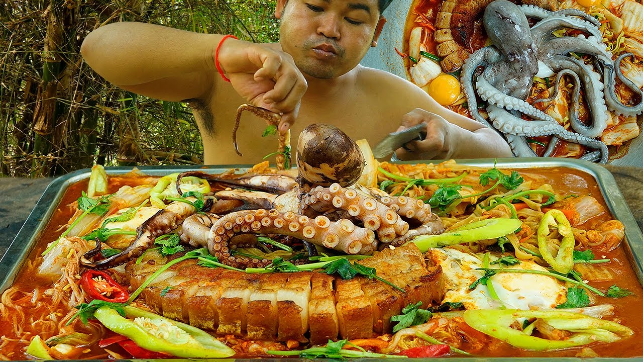 Cooking And Eating Green Noodle Octopus In Forest. - YouTube