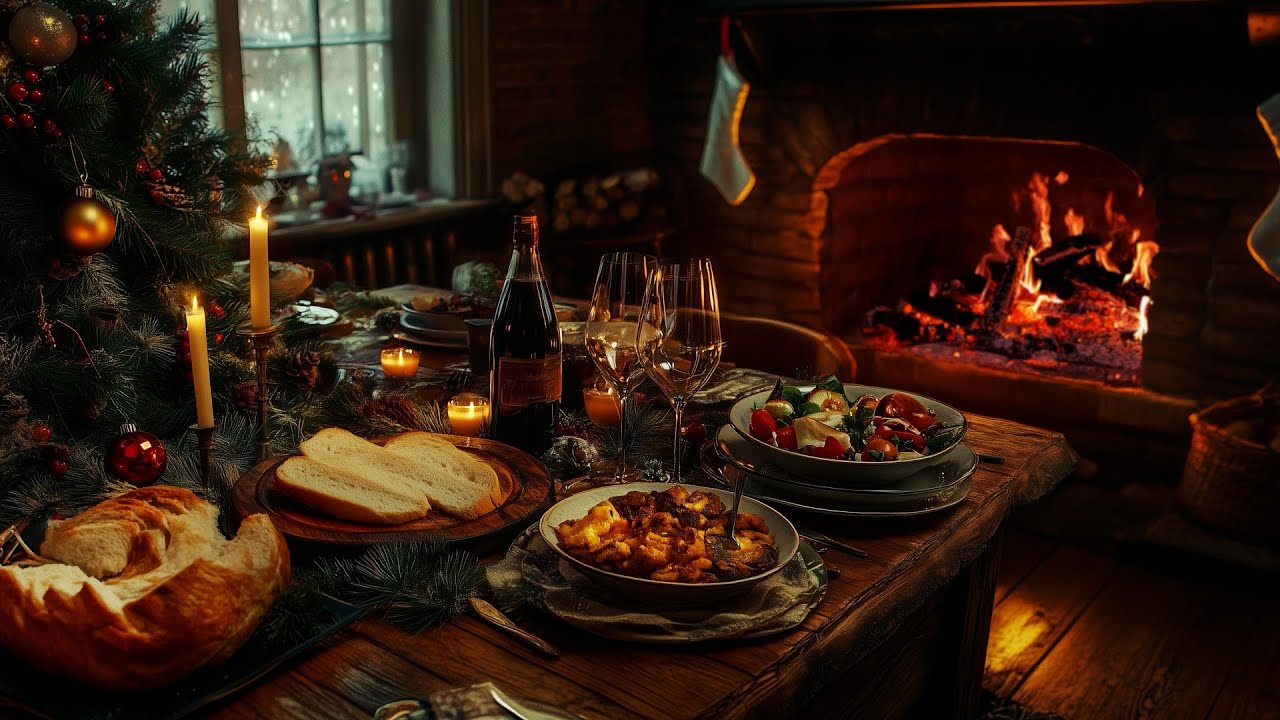 Cozy Christmas Dinner by the Fireplace 🔥 Relaxing Crackling Fire Sounds ...