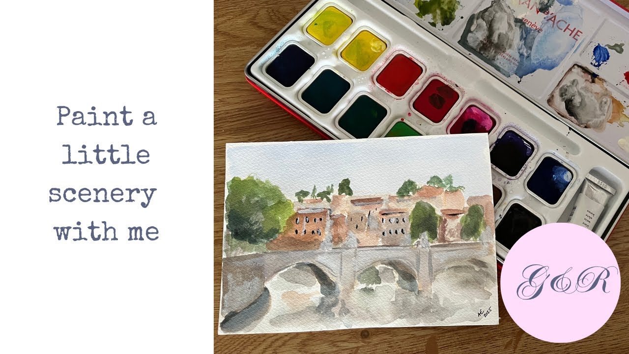 Paint a small scenery with me using gouache pans - YouTube