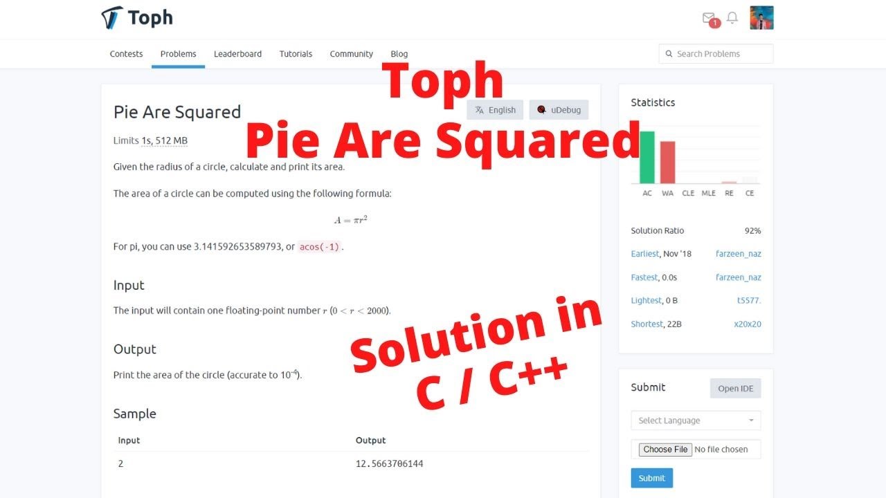 Pie Are Squared || Solution in C/C++ || Toph.co - YouTube