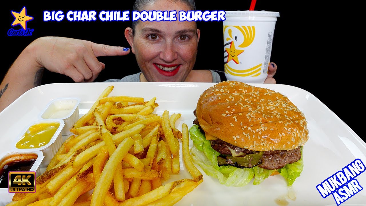 ASMR | CARL'S JR. | NEW BIG CHAR CHILE DOUBLE BURGER | MUKBANG EATING ...