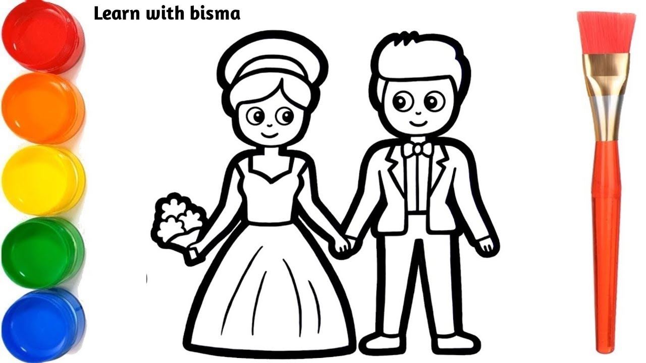 How to Draw bride and groom drawing, Painting and Coloring for Kids ...