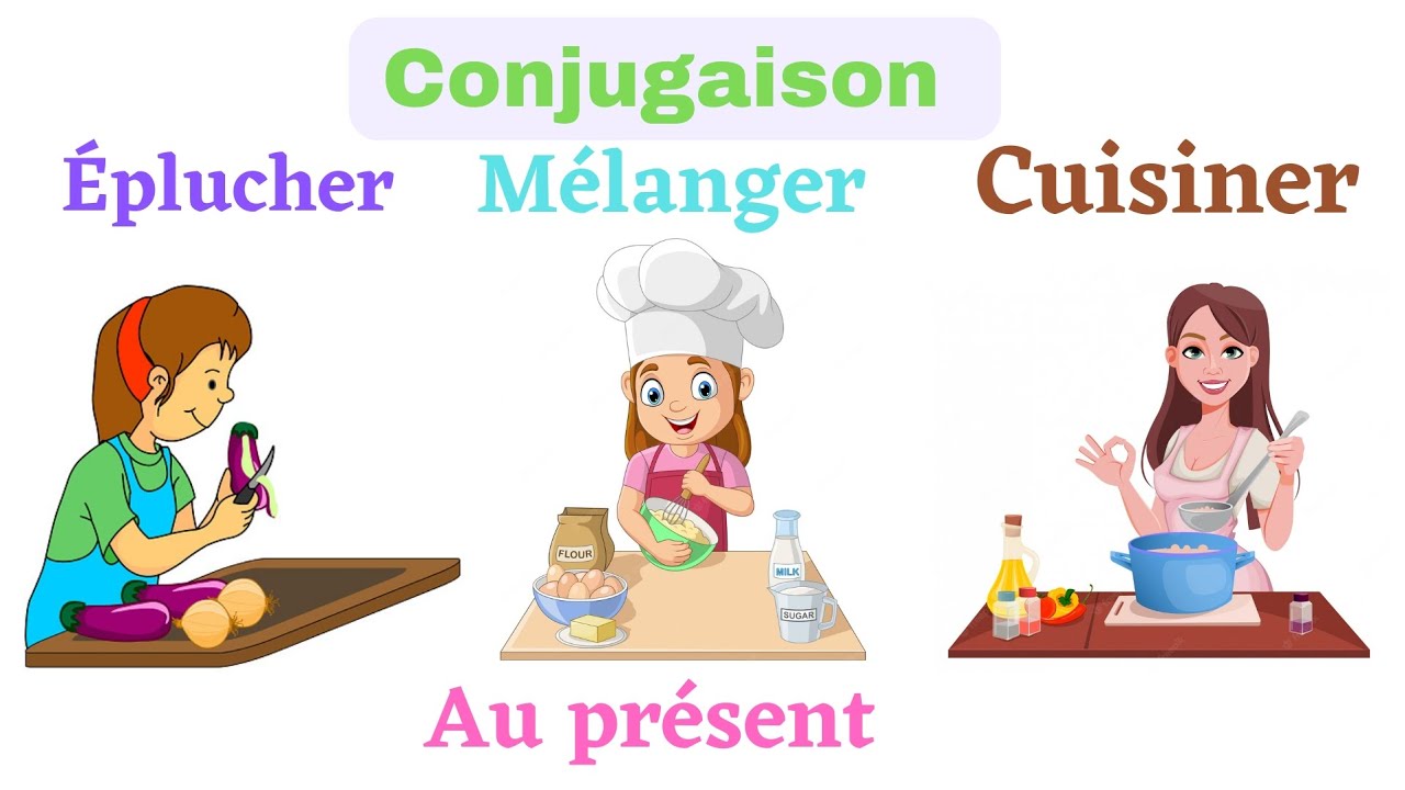 Conjugaison : les verbes [ éplucher, mélanger, cuisiner ] au présent de ...