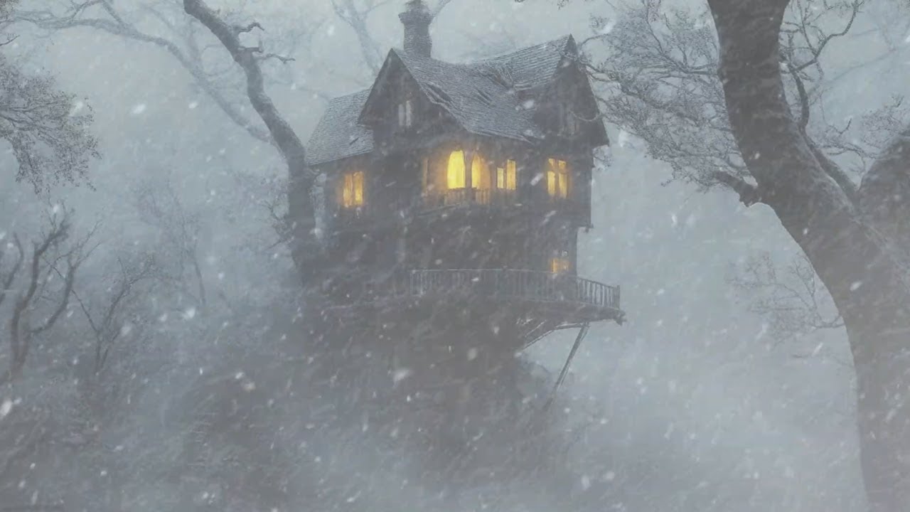 ️ Enchanted Treehouse in Blizzard – Warm Glow Amidst Frozen Forest ...