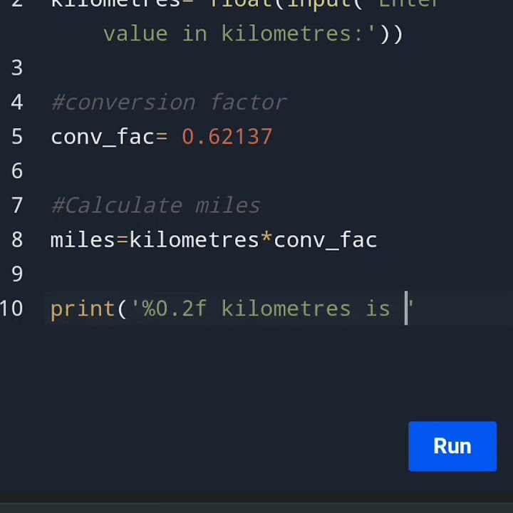 Convert Kilometres into Miles using Python program ⚡ #education # ...