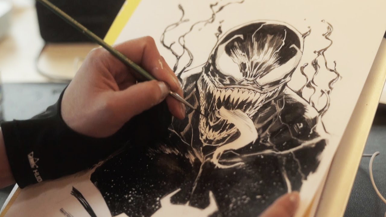 DRAWING AND INKING VENOM COMIC ART COMMISSION - YouTube