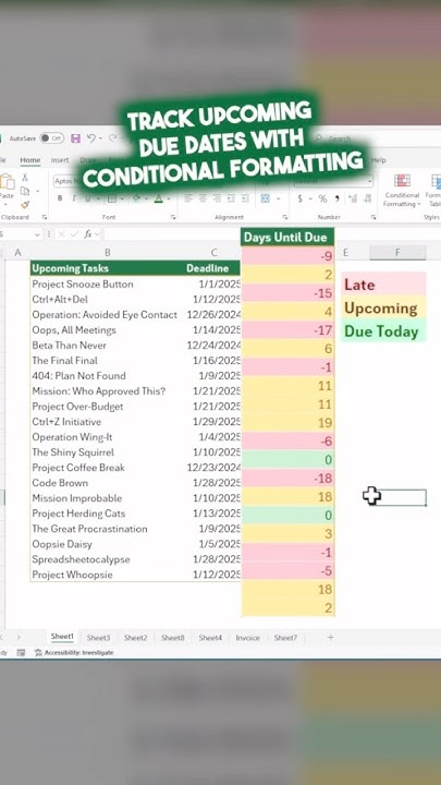 Track upcoming deadlines with conditional formatting⚡ #excel #exceltips #exceltipsandtricks ...