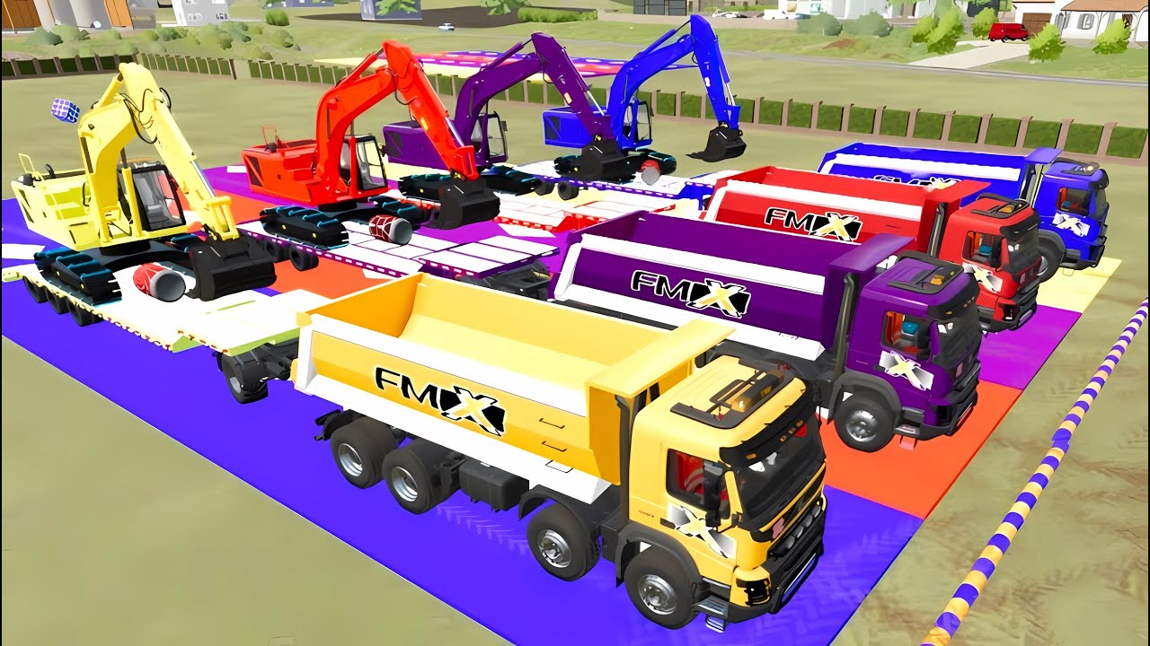 TRANSPORTING EXCAVATOR, MIXER TRUCK, RESCUE TRUCK, POLICE CAR TO GARAGE ...