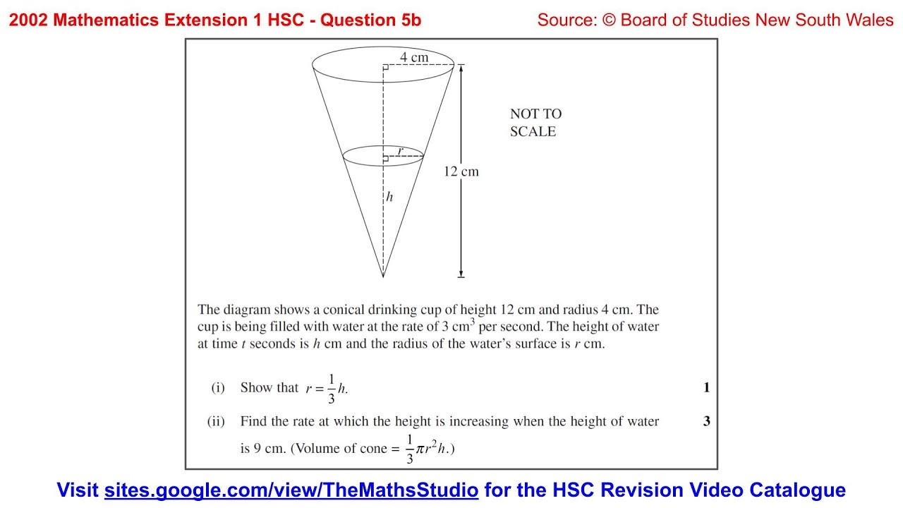 2002 Maths Extension 1 HSC Q5b Solve related rates of change problem ...