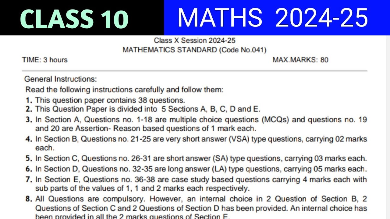 Maths Class 10 Question Paper 2024-25 CBSE ।। Sample Paper with marking ...