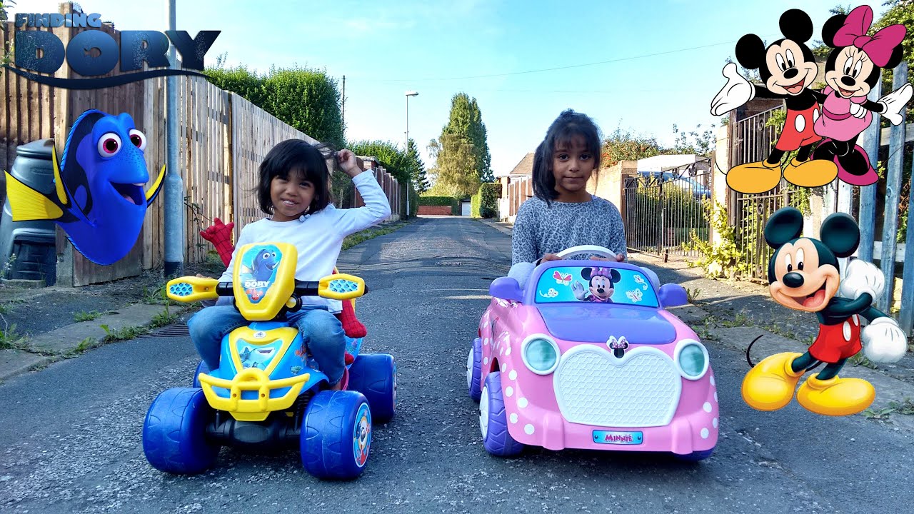 Pink Minnie Mickey Mouse Car VS Finding Dory Quad Race | Ride On Power ...