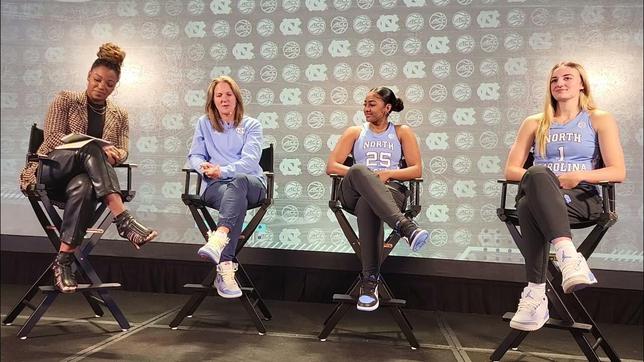 UNC coach Courtney Banghart and senior co-captains Alyssa Ustby and Deja Kelly at the ACC Tipoff ...