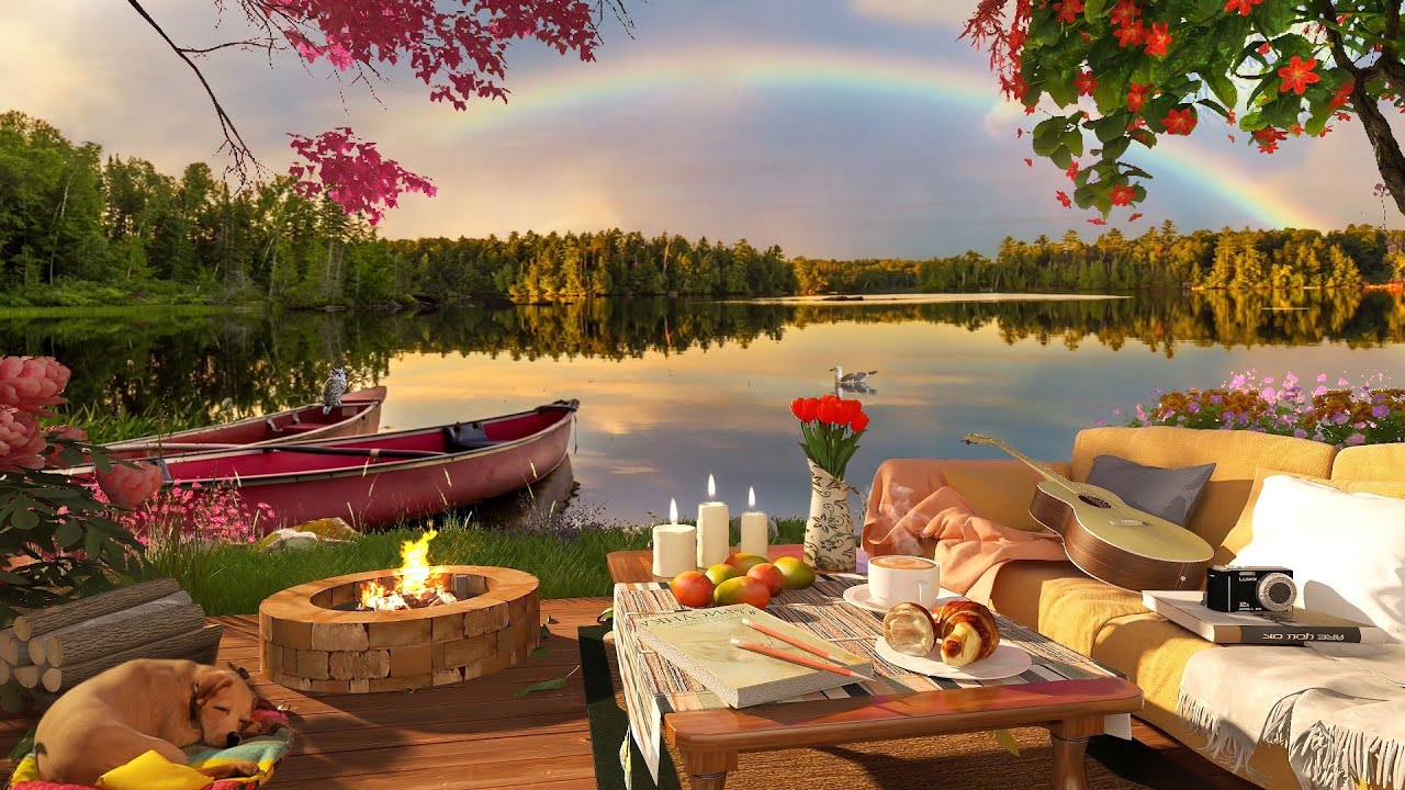 Spring Terrace by the Lake with Cozy fireplace & Relaxing Birdsong ...