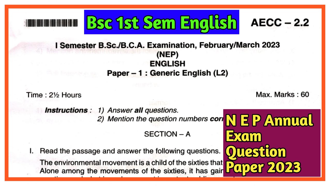 Bsc 1st Sem English 2023 N E P Feb / March Annual Exam Question Paper ...