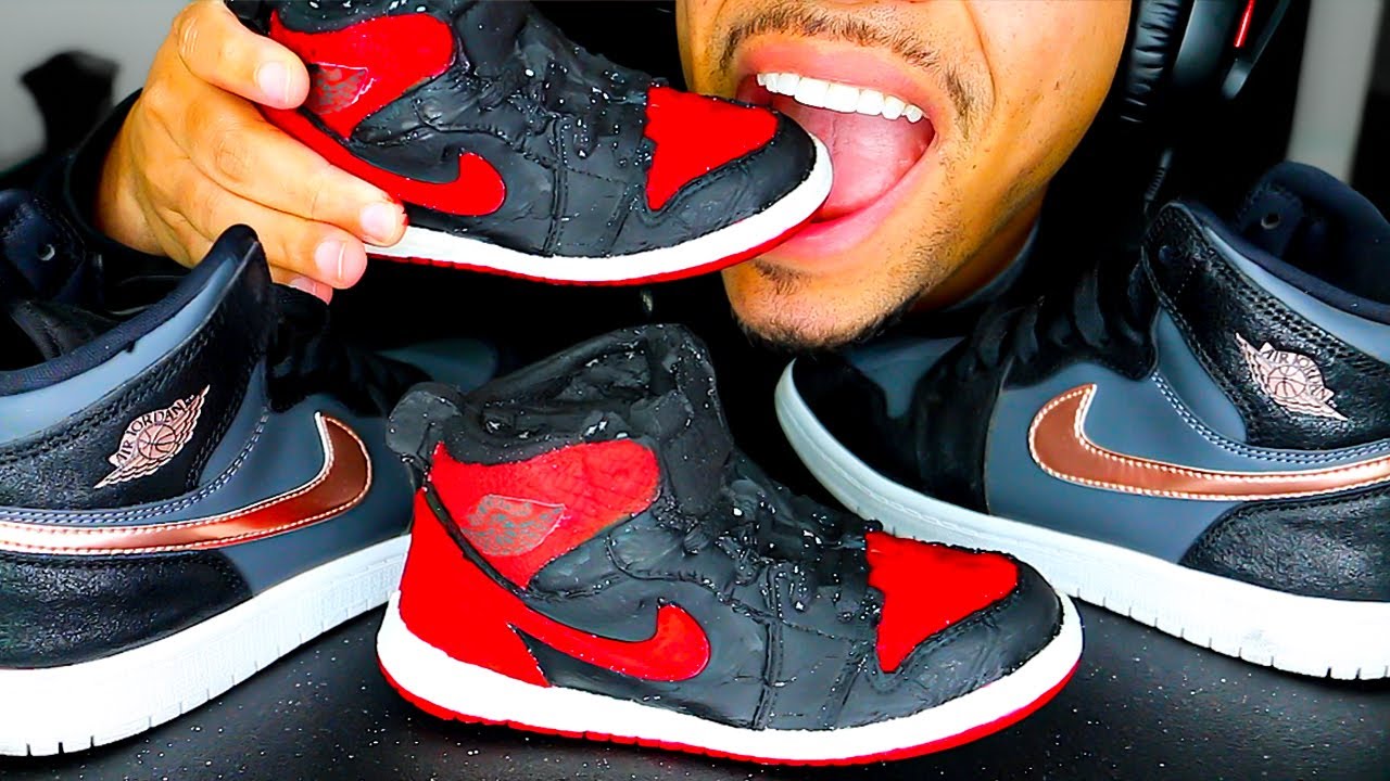 ASMR EDIBLE JORDANS 1 BRED BANNED SHOE MUKBANG DIY CHOCOLATE EATING ...