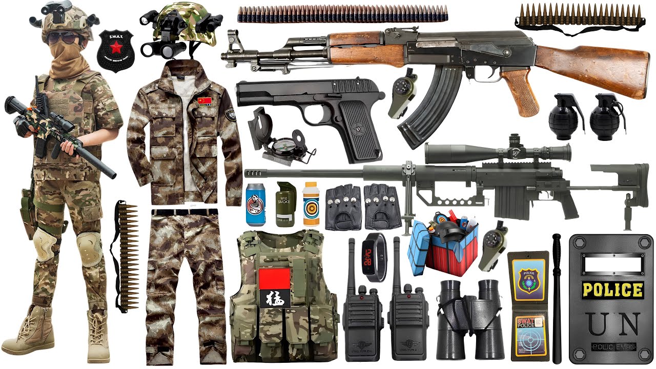 Unpacking special police weapon toy set, AK47 rifle, Glock pistol ...