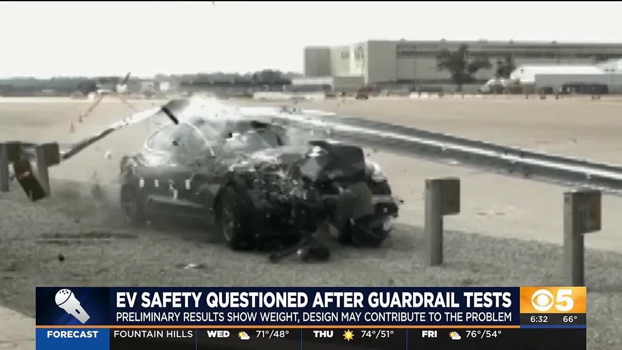 Electric vehicle safety questioned after guardrail tests - YouTube