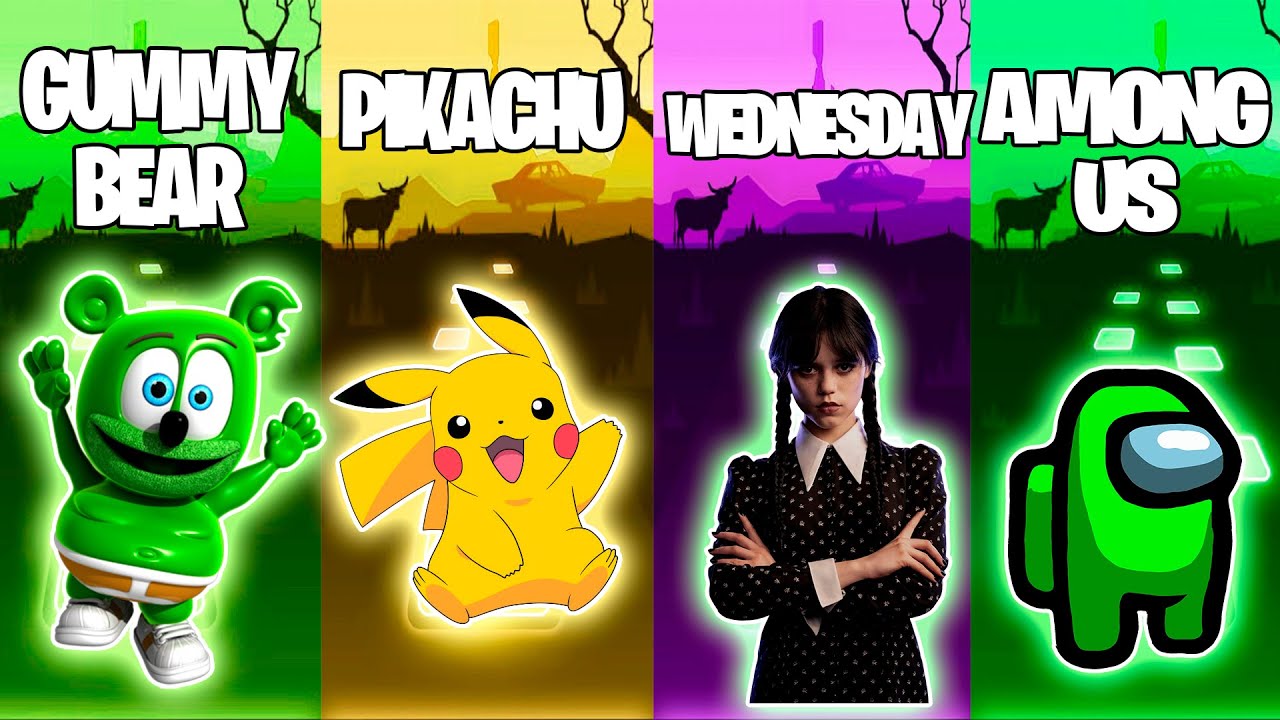 Tiles Hop Gummy Bear vs Pikachu vs Wednesday vs AmongUS - YouTube