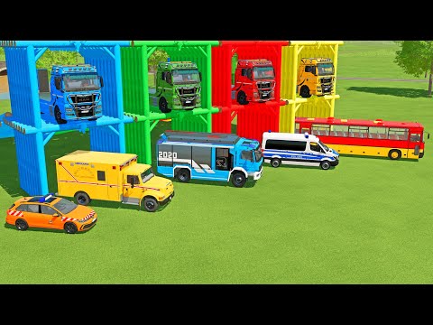 TRANSPORTING JCB LOADER, FIRE DEPARTEMENT, AMBULANCE, FIRE TRUCK, POLICE CAR WITH TRUCK | FS22