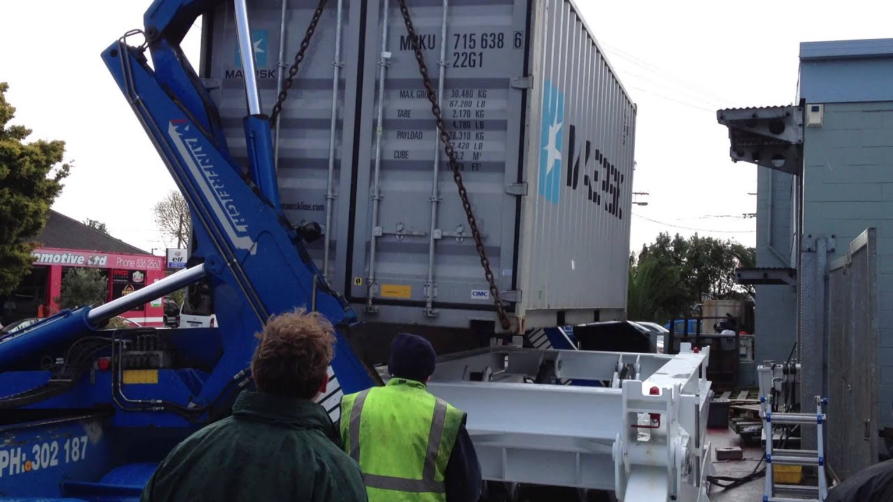 Steelbro Swing Lift Trailer Swinging a 20ft Shipping Container Onto an ...