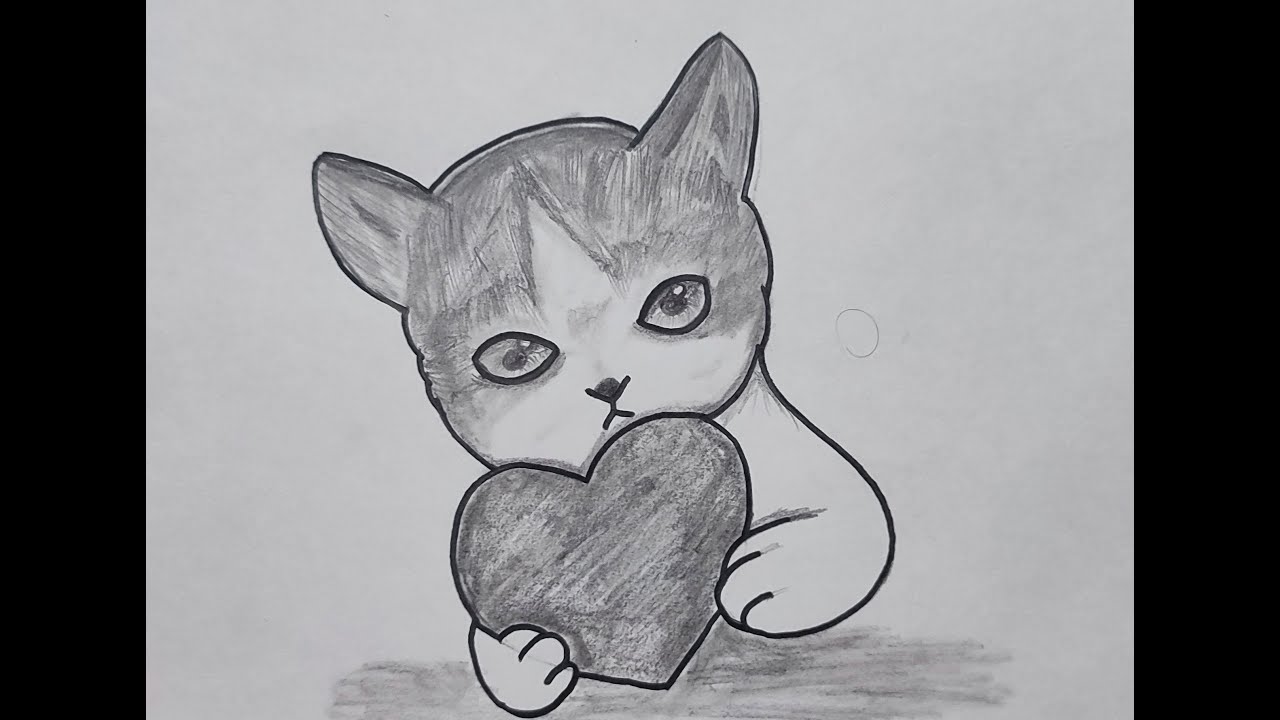 How to draw Cat Holding Heart || Drawing Cat with Heart || Step by Step ...