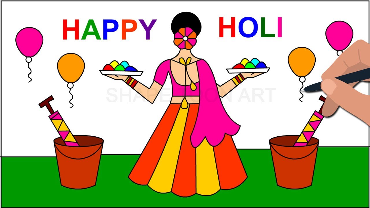 Happy Holi Drawing - Holi Drawing Easy Steps - Holi Festival Drawing ...