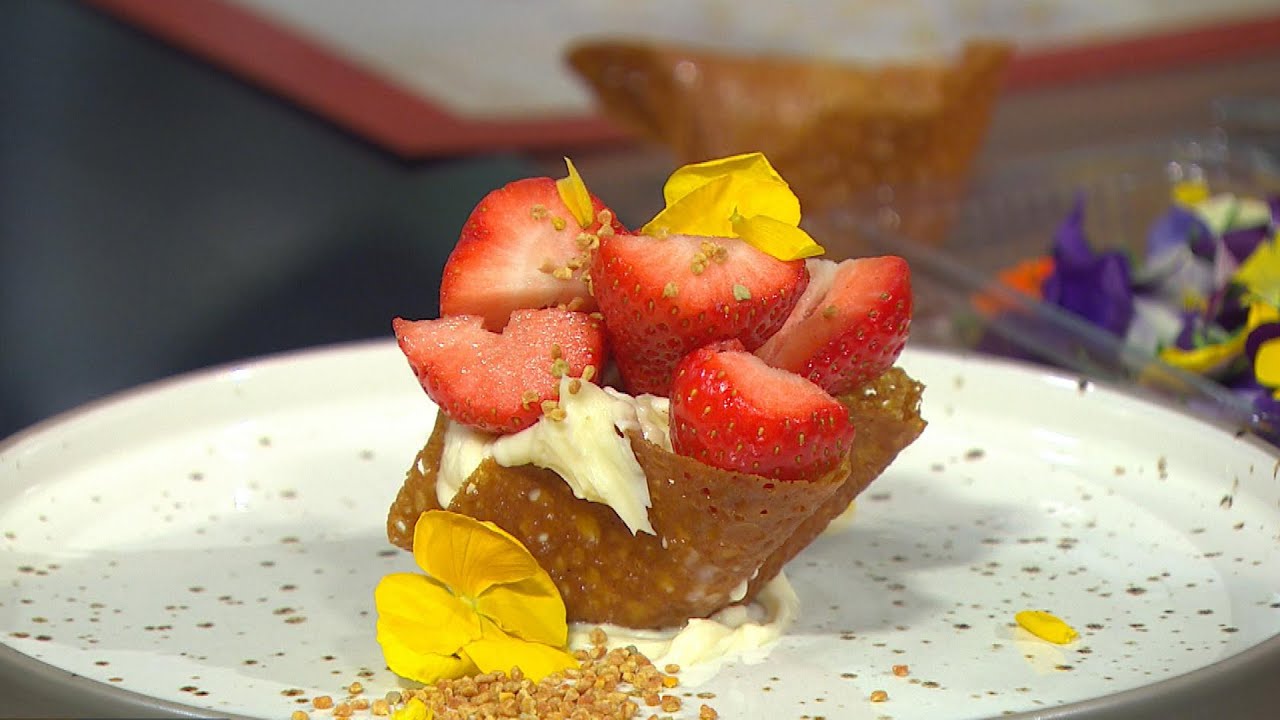White Chocolate and Yoghurt Cremeux with Strawberries and Brandy Snap ...