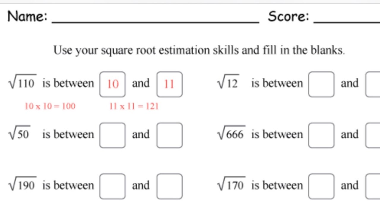 Estimating Square Roots Worksheet