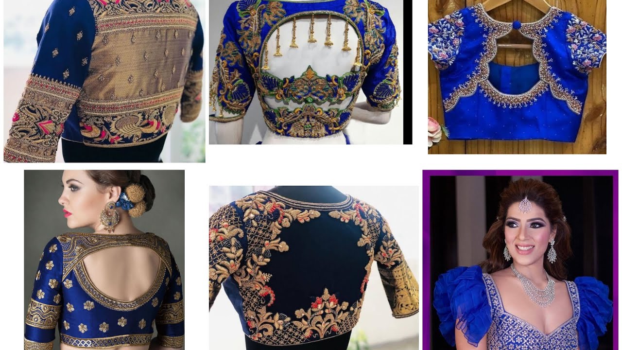 stylish royal blue blouse design 2024/latest back neck blue blouse ...