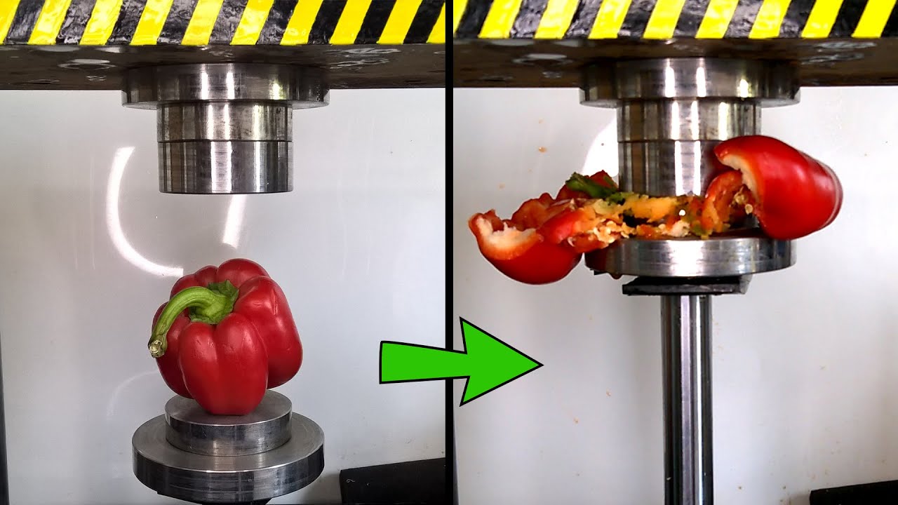Crushing bell pepper with hydraulic press - YouTube