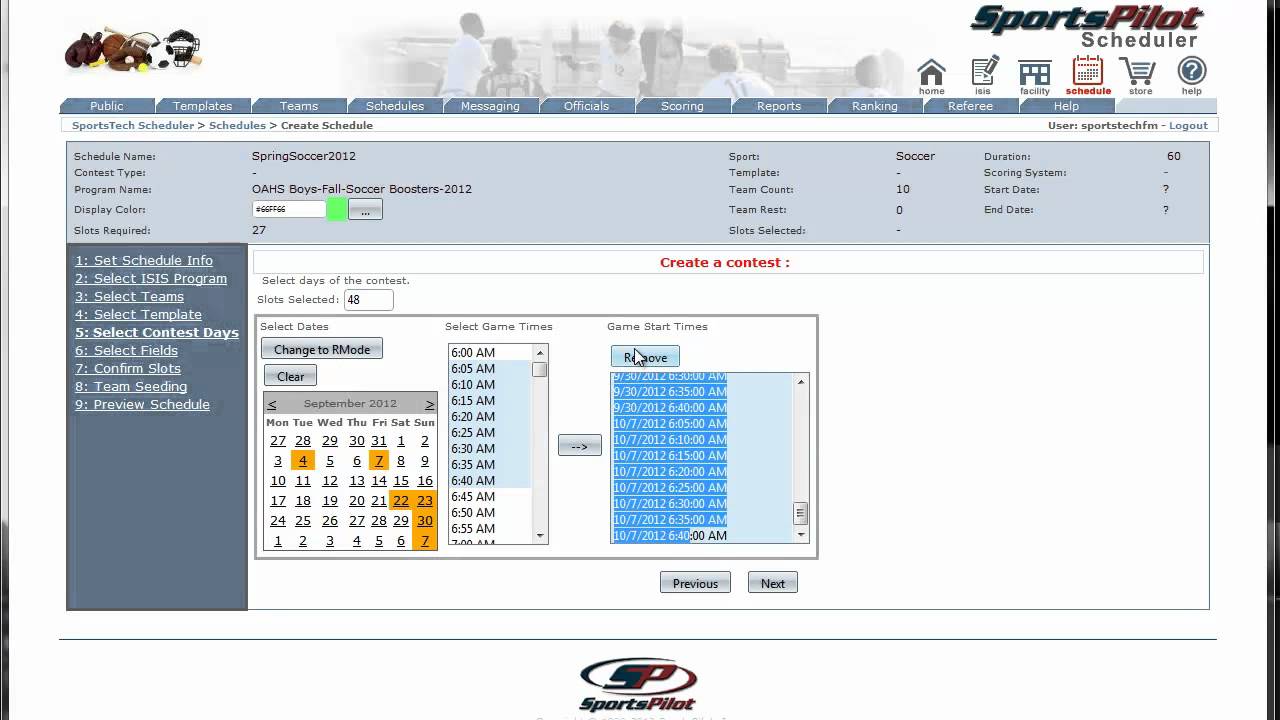 SportsPilot Scheduler - Create Schedule - Select Contest Days - YouTube
