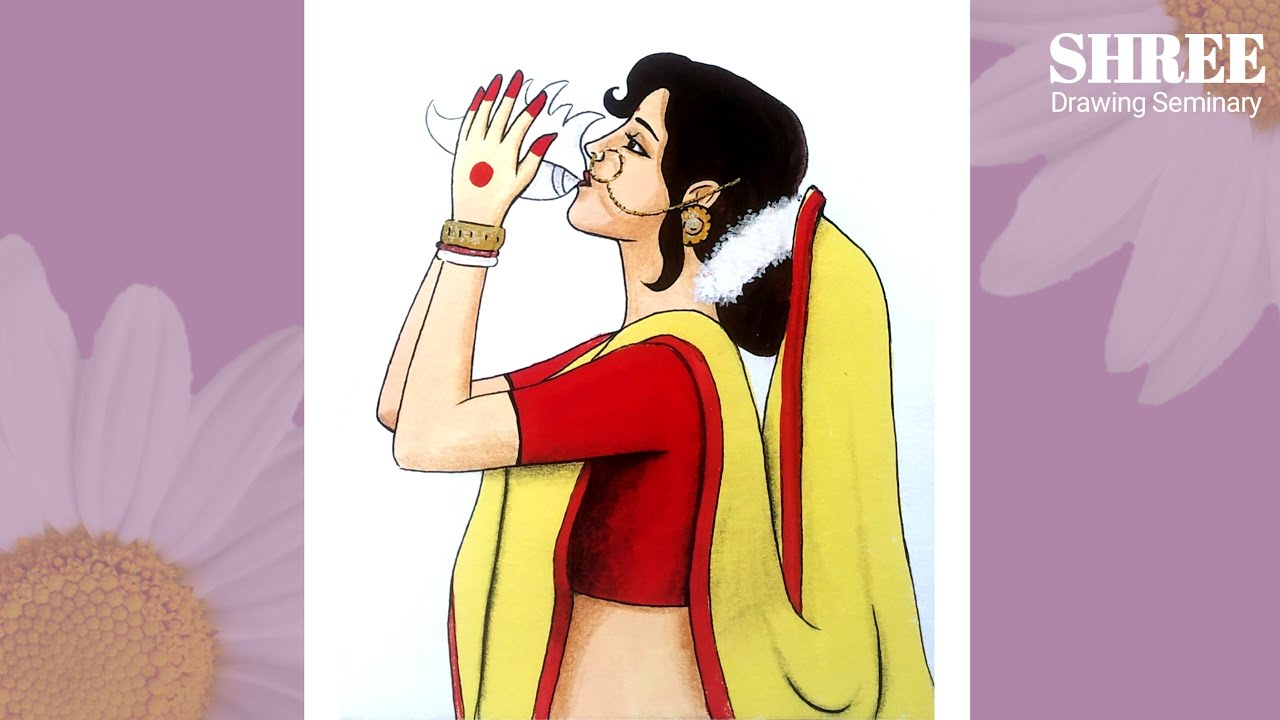 Durgapuja special Drawing / Drawing A woman blowing shankh ( Conch ...