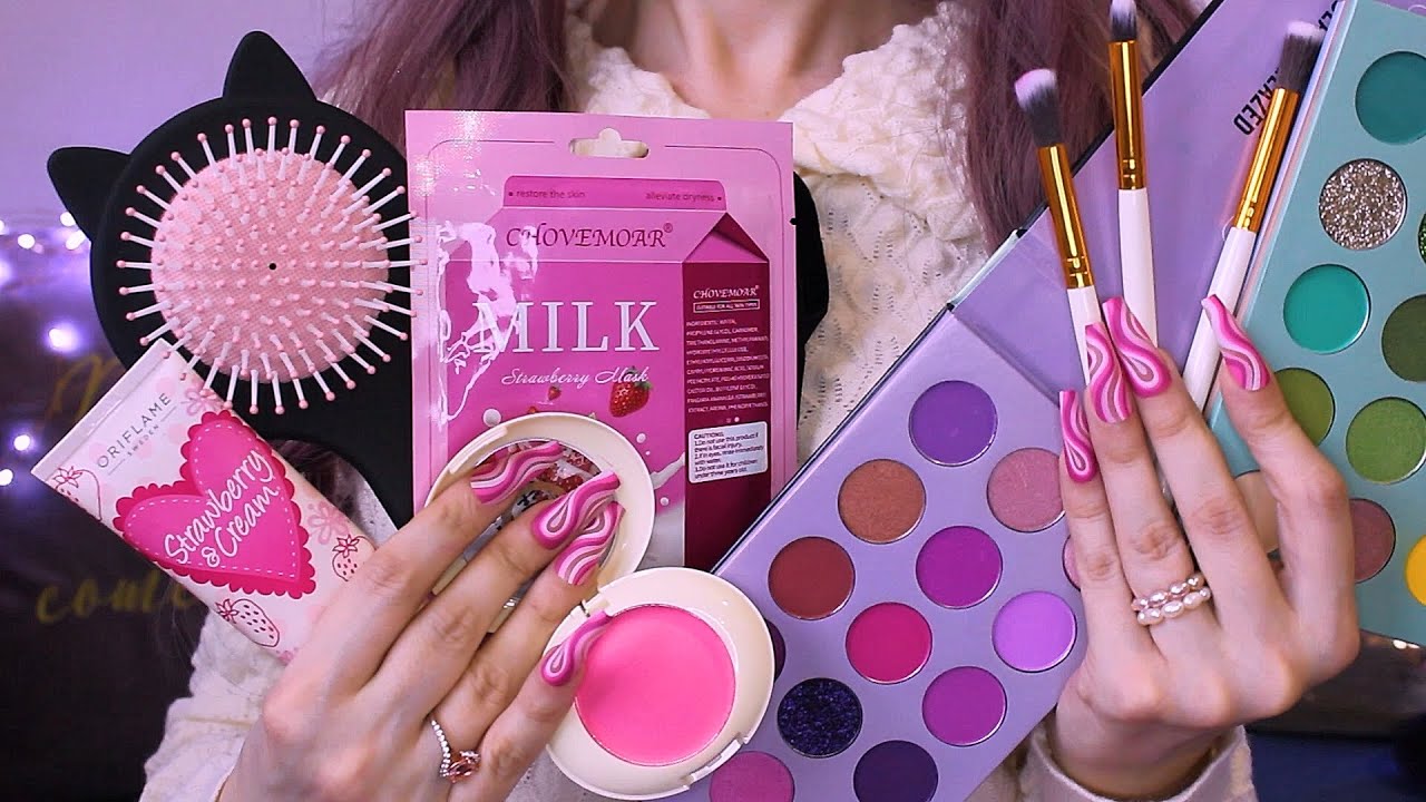 ASMR 🍓 Doing Your Strawberry Makeup & Hair Brush (no talking + layered ...