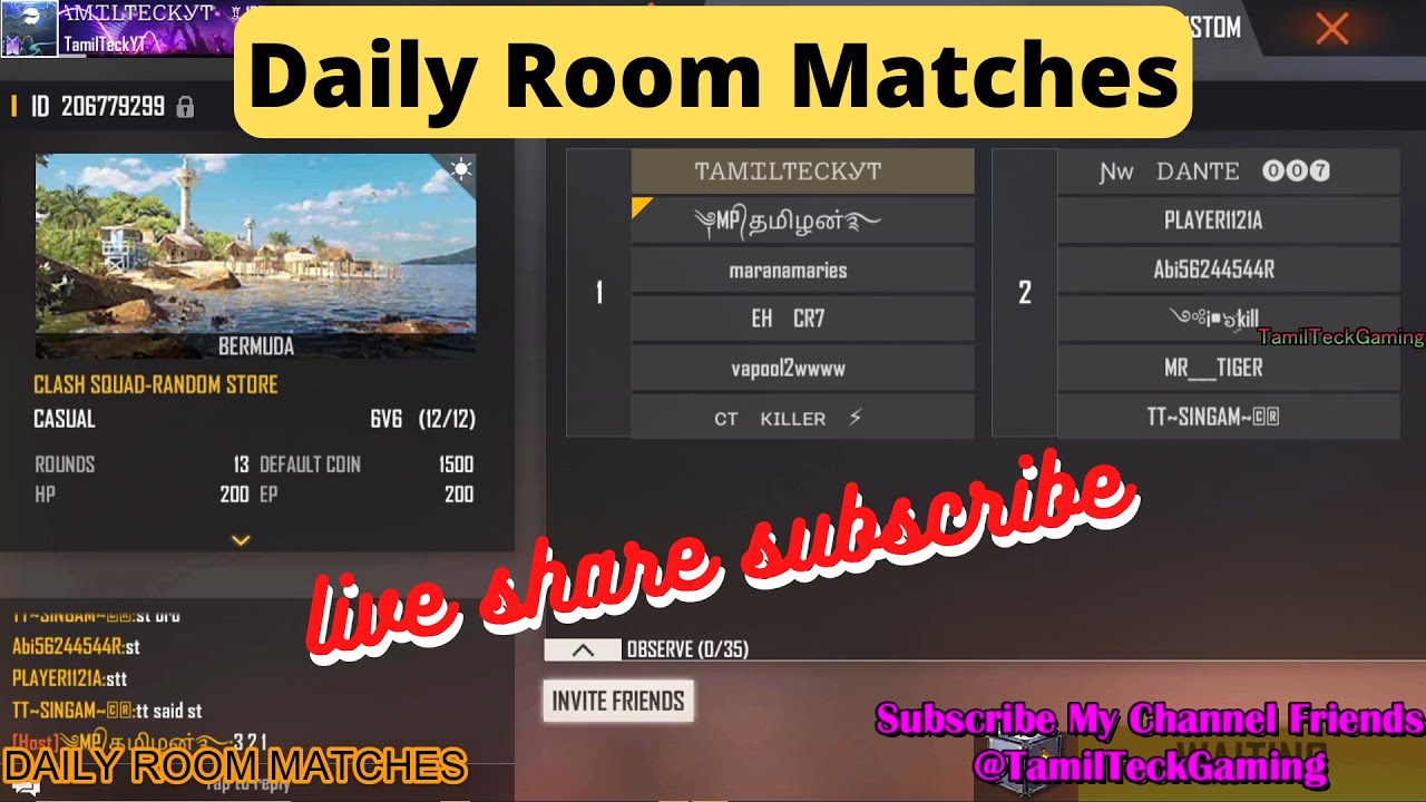 Garena Free Fire Room Match | 6 Vs 6 Custome Match - YouTube