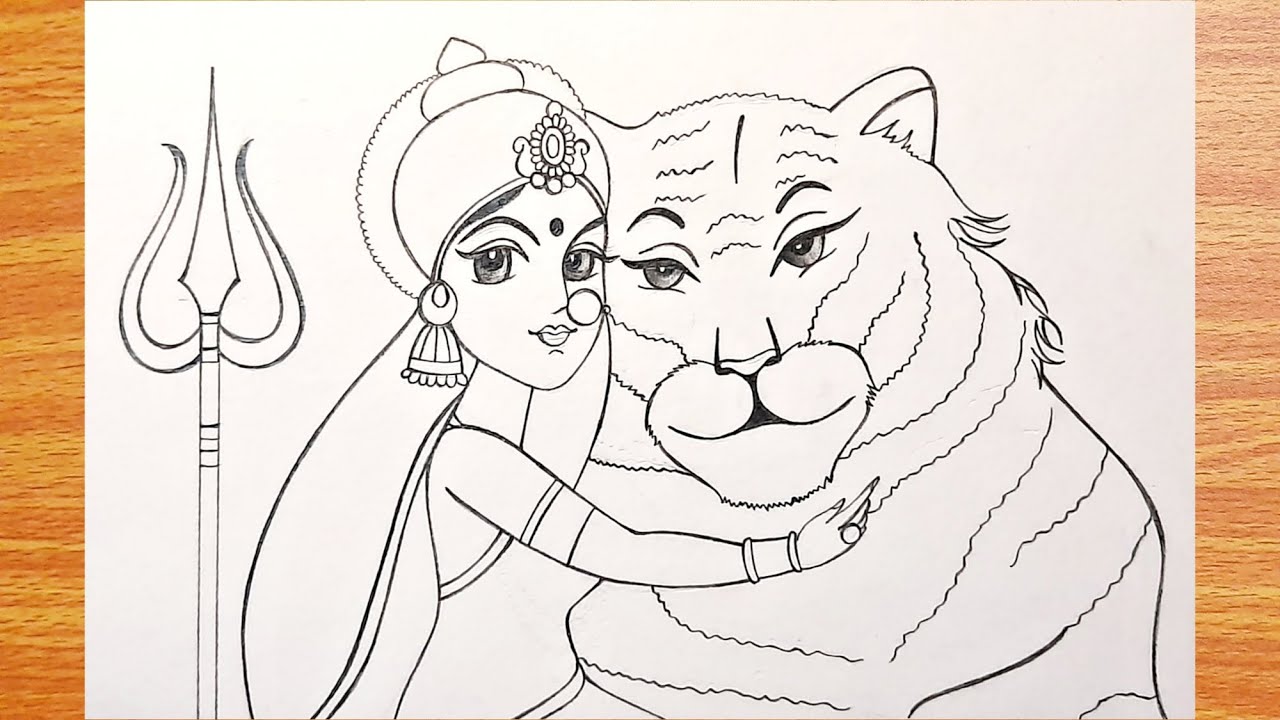 Easy Durga Maa Drawing with Tiger Step by Step | Durga Puja Special ...