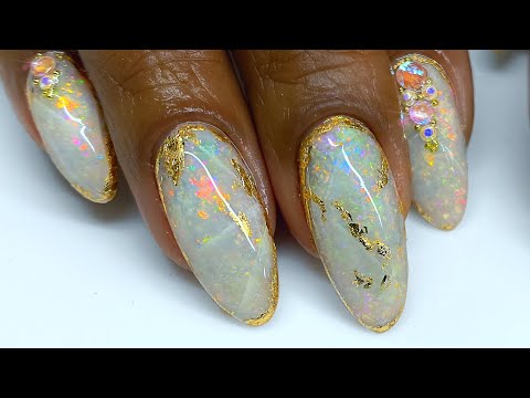 White Opal Gel Nail Tutorial | Made with REAL Opal | Gemstone Nail Art | Gold Leaf Nails