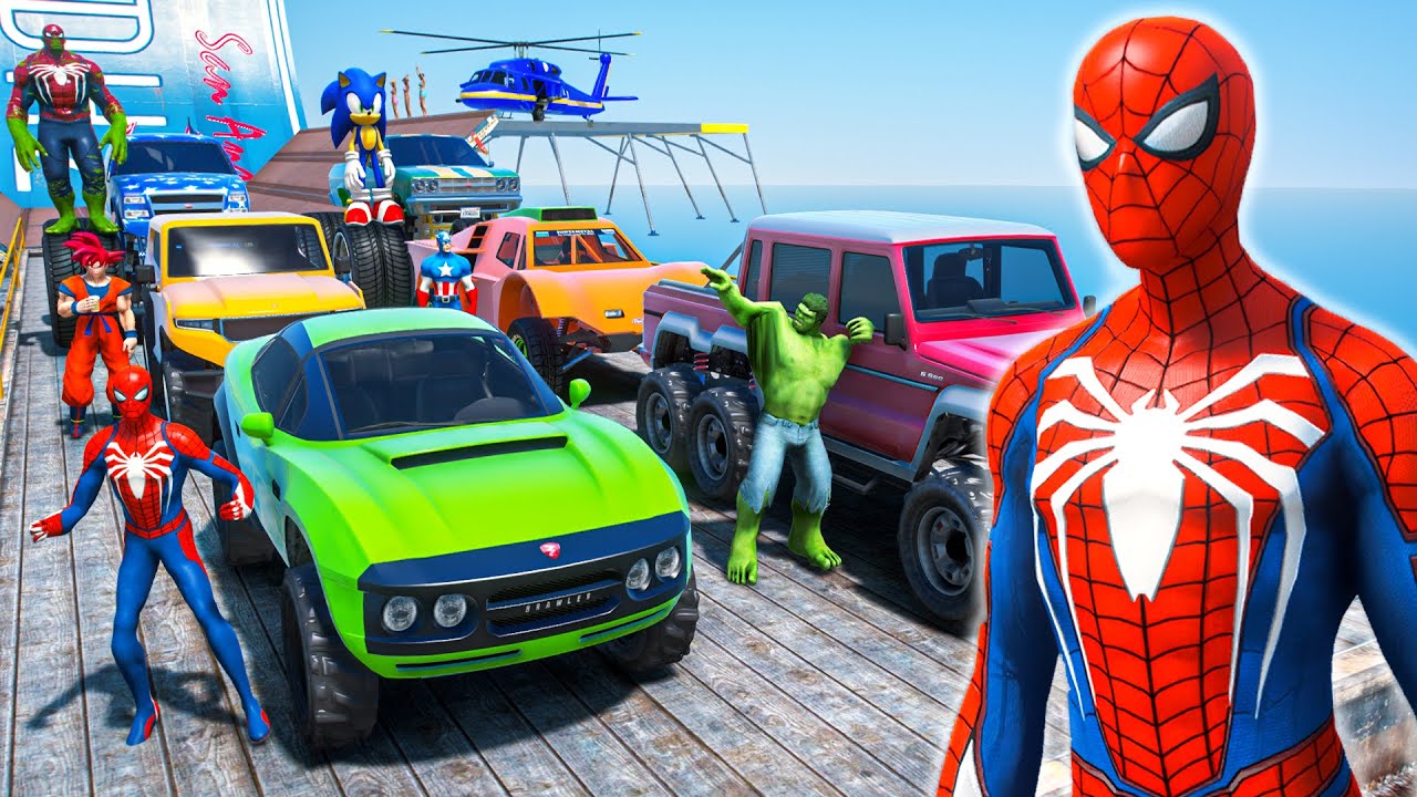 SPIDER-MAN TEAM With Monster Truck CARS SUPERHEROES JUMP Challenge On ...