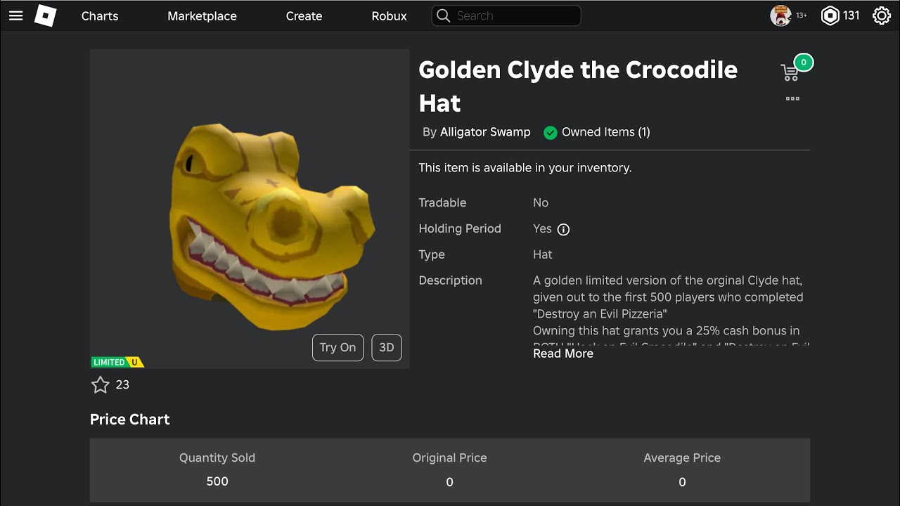 Sniping Free Golden Clyde the Crocodile Hat Ugc Limited! (500 Stock ...