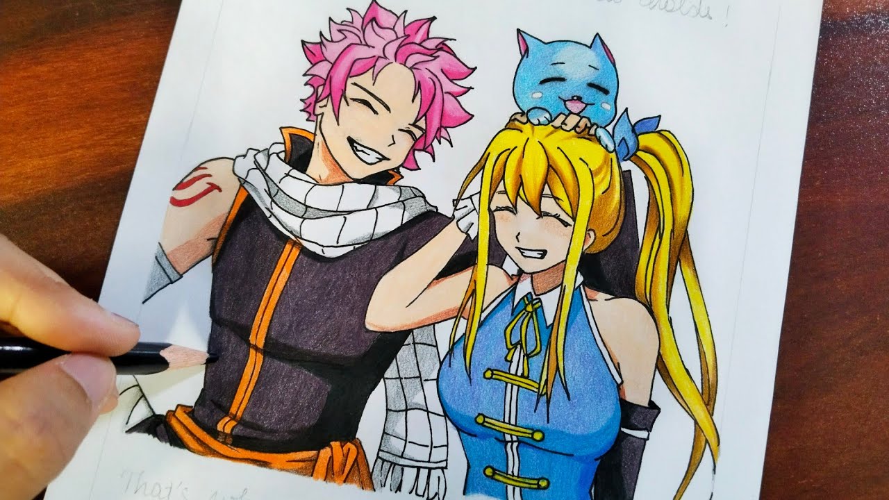 Drawing NATSU and LUCY Fairy Tail | Pencil Colour Drawing | Anime ...