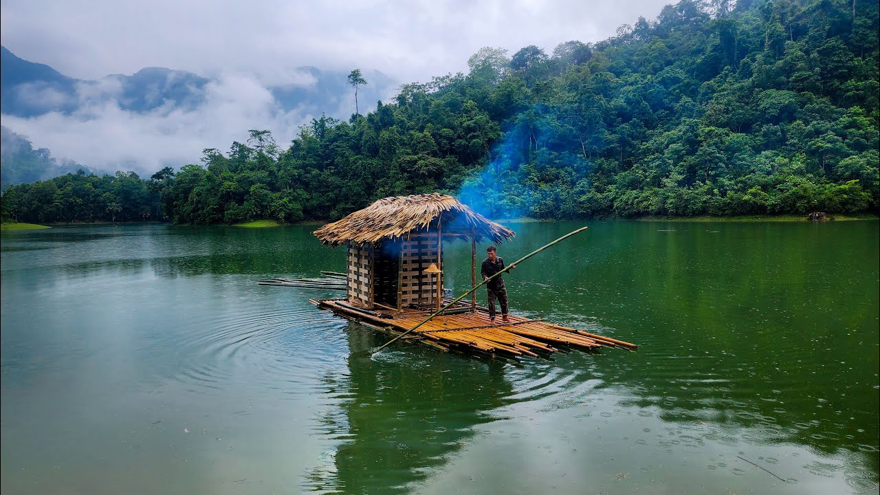 Camping on the River - Build a complete floating bamboo house from ...