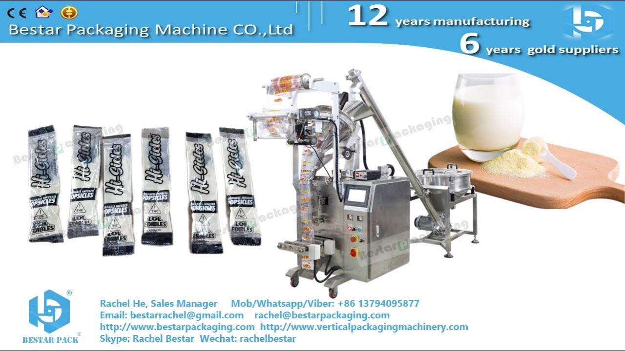 Milk powder linking bag stick shape packaging automatic weighing filling packing machine - YouTube
