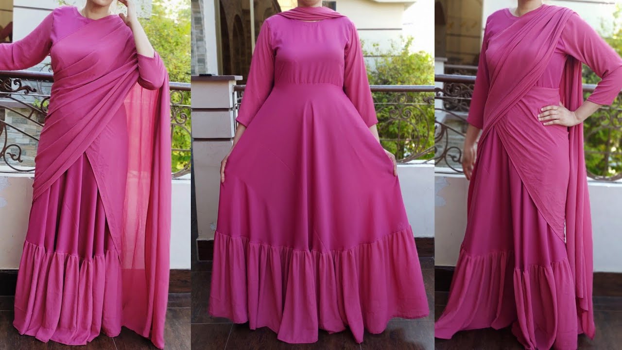 Ready to wear Gown+Saree tutorial|easy cutting and stitching | trending ...