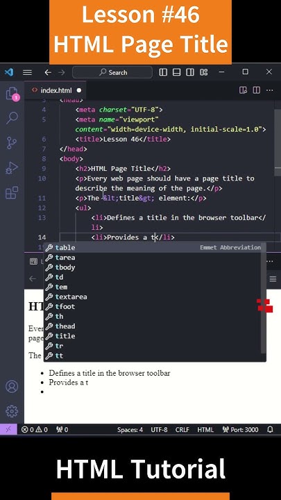 HTML Tutorial - Lesson 46: HTML Page Title #shorts #coding #html5 #htmlcrashcourse #htmltutorial ...