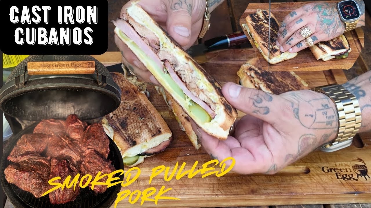 Cubano sandwich with Smoked pulled pork and ham right off the Cast iron ...