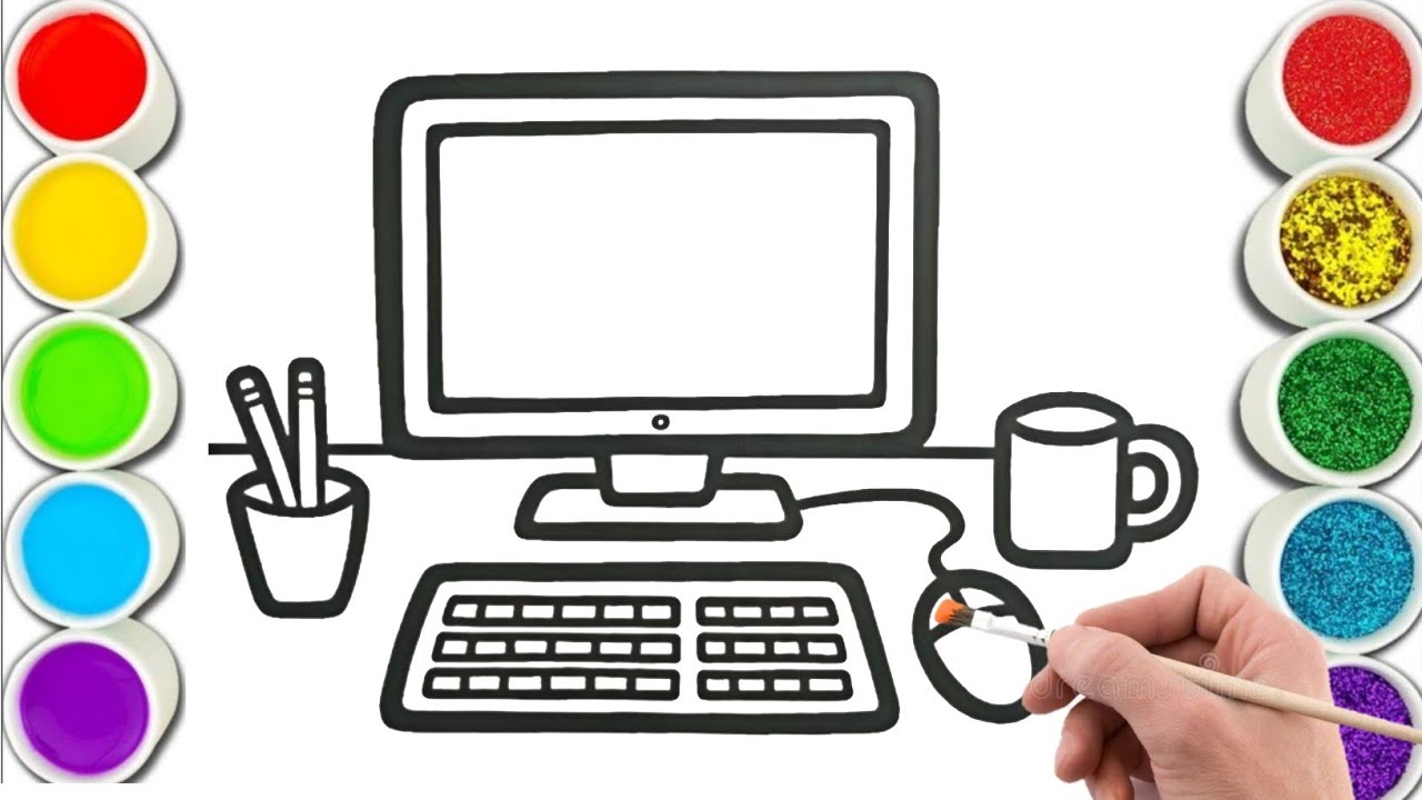 Desktop Computer and Keyboard Drawing, Painting, Coloring for Kids and ...