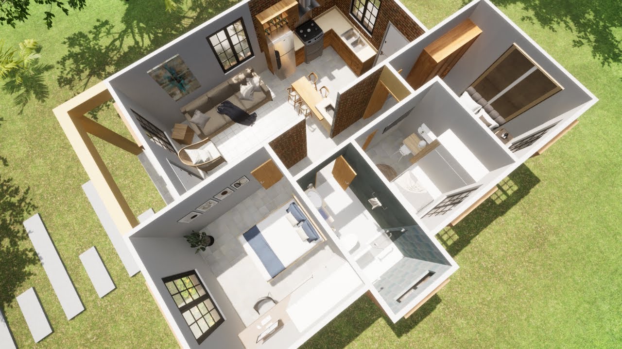 Plano de casa 3D con 3 habitaciones, cocina y closet - YouTube