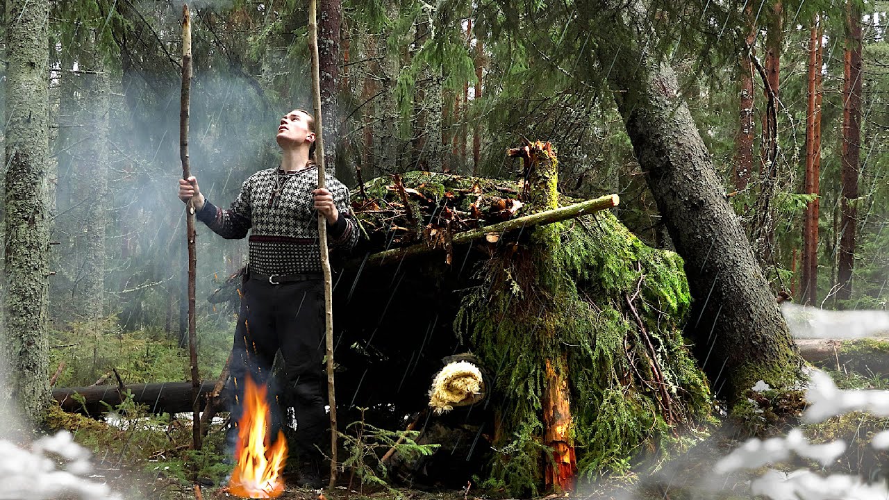 Primal Camping in a RAINY WINTER FOREST🌧️Spears & Survival Shelter Building - YouTube