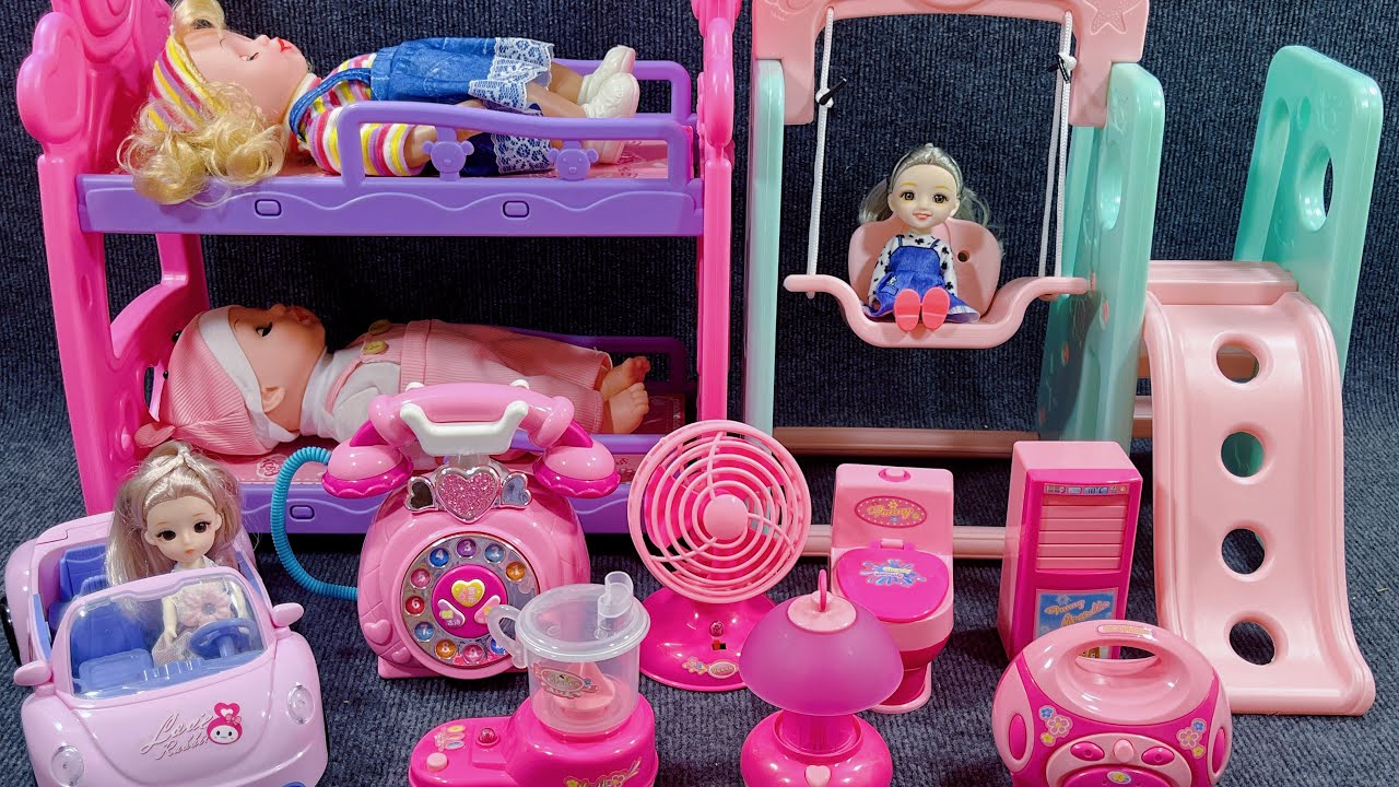 9 Minutes Satisfying with Unboxing Doll Pink Rock Bed Toys, Swing ...